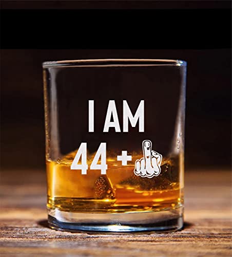 QPTADesignGift I Am 44 + Middle Finger Whiskey Glass - Whiskey Glass Etched - 45Th Birthday - Funny Birthday Turning 45Th - Fathers Day Glass - Funny 45Th Birthday