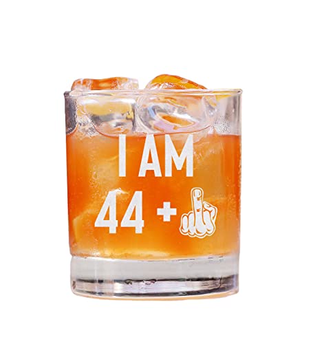 QPTADesignGift I Am 44 + Middle Finger Whiskey Glass - Whiskey Glass Etched - 45Th Birthday - Funny Birthday Turning 45Th - Fathers Day Glass - Funny 45Th Birthday