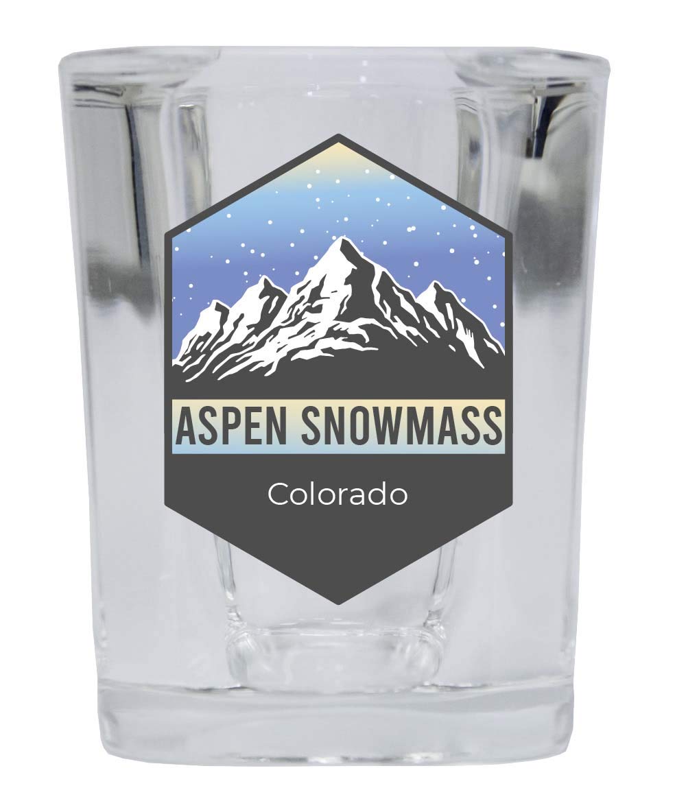 R and R Imports Aspen Snowmass Colorado Ski Adventures 2 Ounce Square Base Liquor Shot Glass