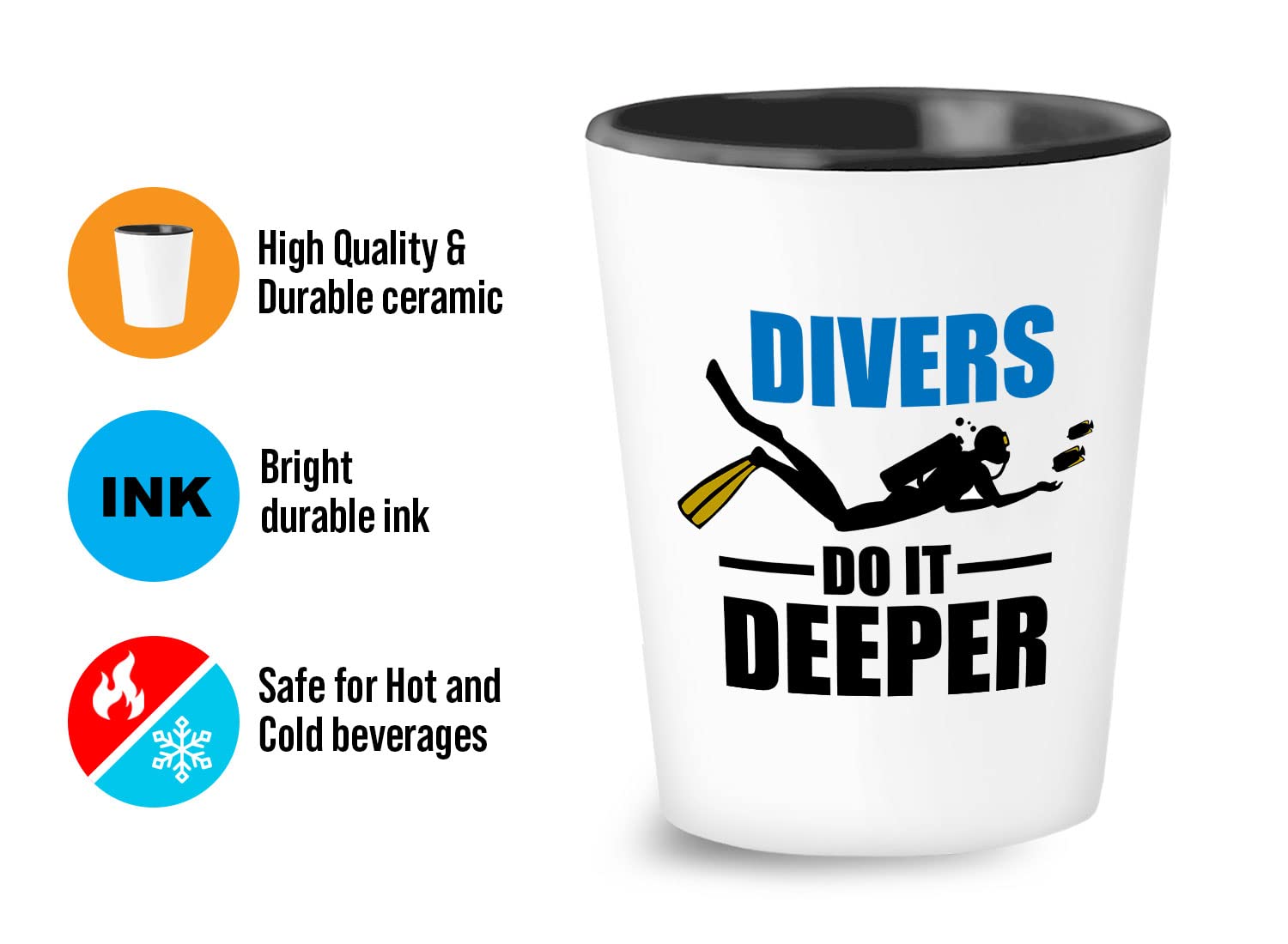 Bubble Hugs Scuba Diving Shot Glass 1.5oz - Divers Do It Deeper - Diver Swimmer Pool Lake Surface Oxygen Coral Snorkeling Holiday Summer Fish