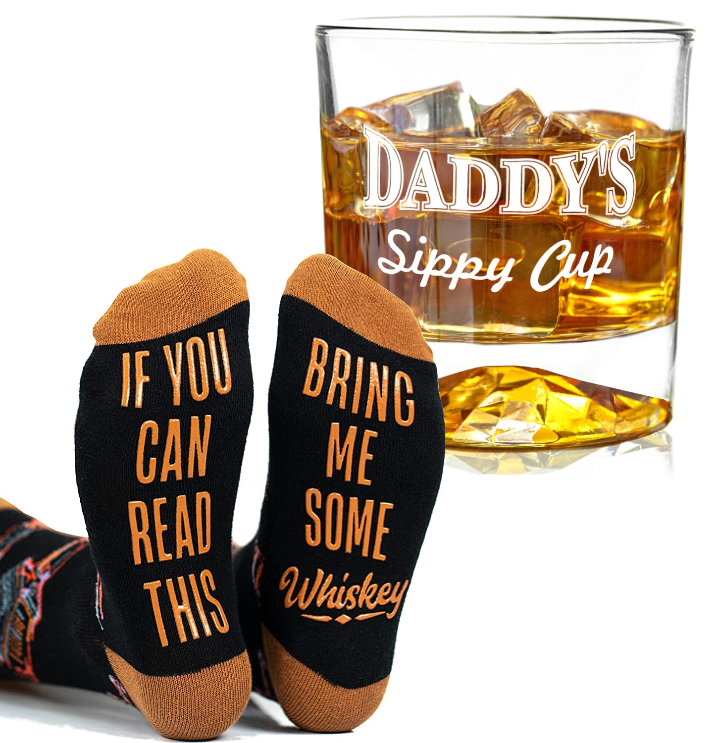 COOL STONES Daddy's Sippy Cup Whiskey Glass and Whiskey Socks for Dad - Whiskey Socks - New Dad and Old Dad - Gift Set for Men - Funny Engraved Scotch Glass and Fun Socks (Cup & Socks)