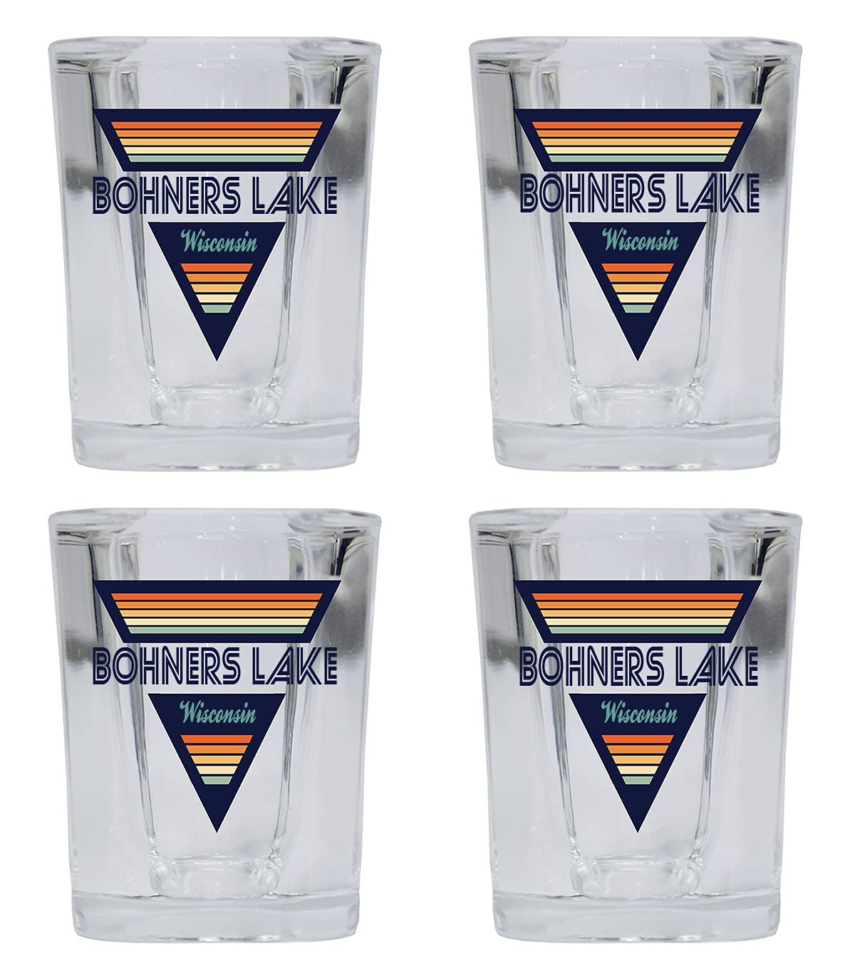 R and R Imports Bohners Lake Wisconsin 2 Ounce Square Base Liquor Shot Glass Retro Design 4-Pack