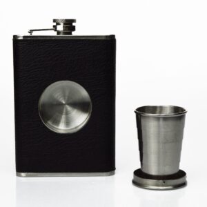 flask stainless steel 8 oz black leather hip flasks with built-in collapsible 2 oz shot glass set - gag gift alcohol hip flask for men & women, secret santa (black)