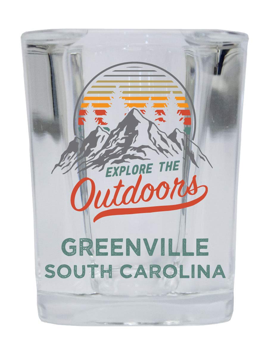 R and R Imports Greenville South Carolina Explore the Outdoors Souvenir 2 Ounce Square Base Liquor Shot Glass