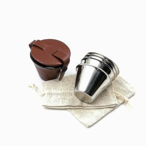 iSavage Shot Glasses with Brown-Red Leather Case 1.5oz Each Set of 4 18/8 Stainless Steel, 1pc Reusable Bag-YM205