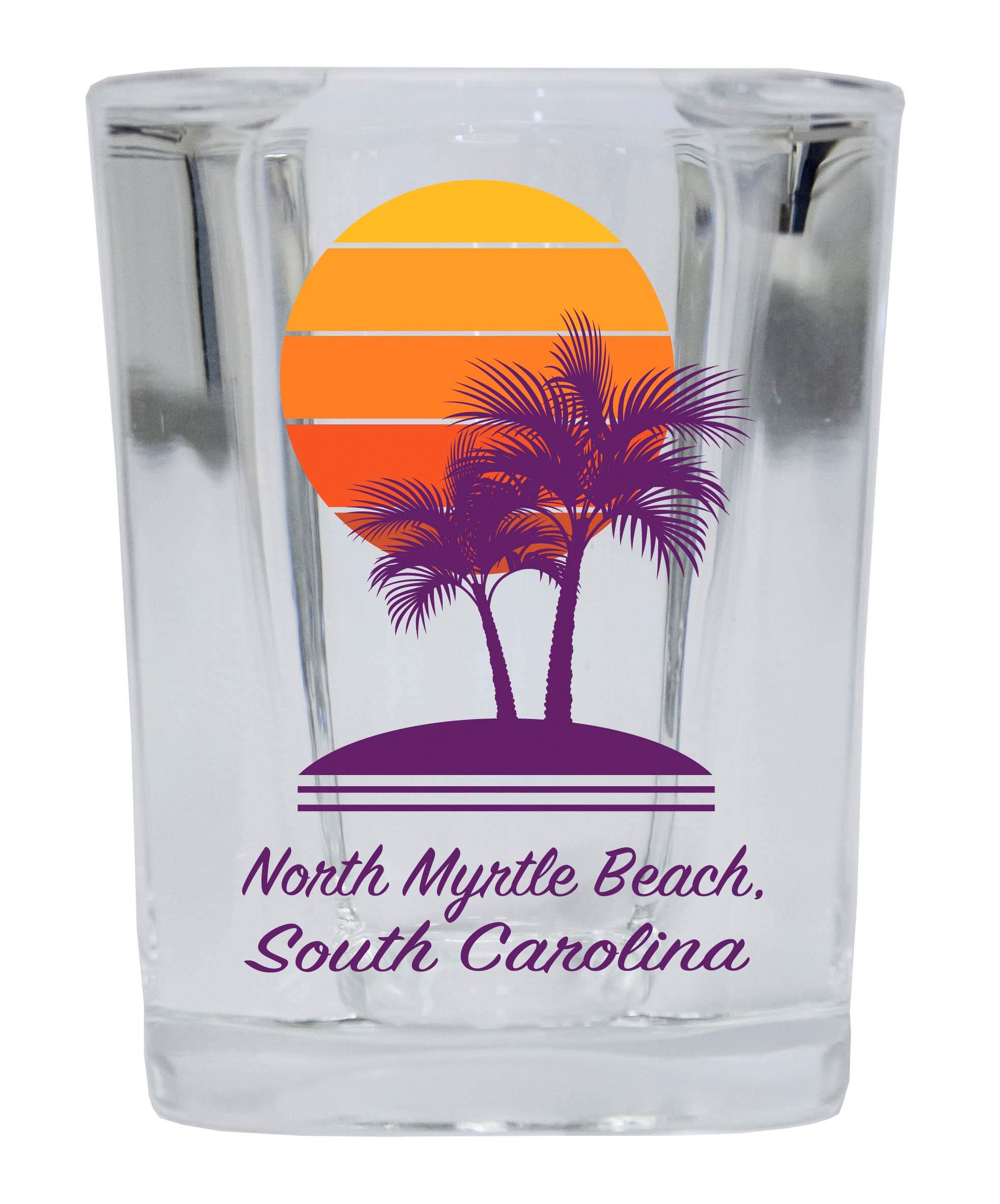 R and R Imports North Myrtle Beach South Carolina Souvenir 2 Ounce Square Shot Glass Palm Design