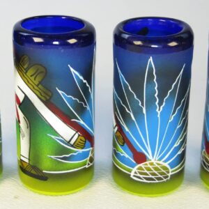 Mexican Shot Glasses Tequila Making Scene, Poncho with Agave Cactus hand painted Bottle, 4 shot glasses