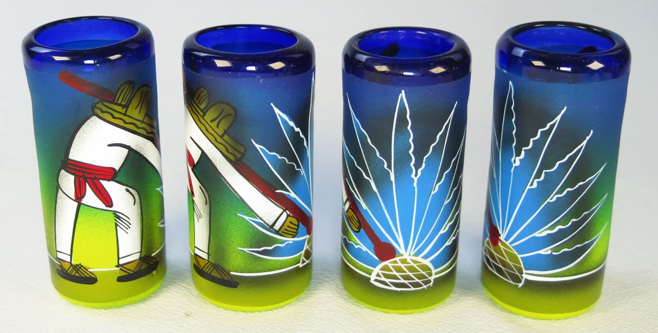 Mexican Shot Glasses Tequila Making Scene, Poncho with Agave Cactus hand painted Bottle, 4 shot glasses