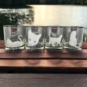 Brindle Southern Farms Cute Cats Being Cats Rocks Glasses: 4 Engraved 10oz. Rocks Drinking Glasses: cat lover, cat decor, cat mom