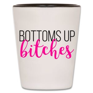 funny shot glass - bottoms up bitches - shotglass for bachelorette parties, bridesmaids, girlfriends & wedding bridal party (1)