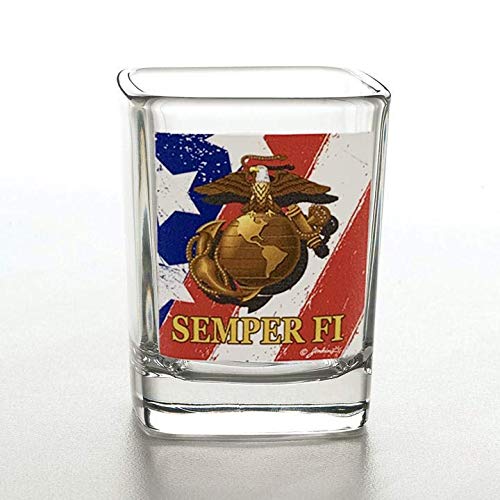 USMC Shot Glass Marine Corps Shot Glass Military Shot Glass - US Marine Corps Gifts for Men and Women | Armed Forces Gifts for Men and Women | USMC Crest Logo 2 OZ Square Shot Glass