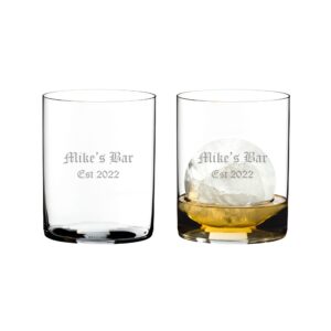 riedel personalized o whisky tumblers, set of 2 custom engraved rocks glasses for whiskey, scotch, bourbon, rye, cocktails