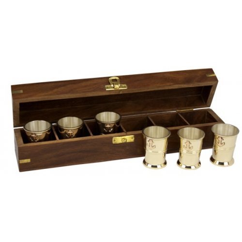 6 Brass Shot Glasses w/ Anchors in Custom Wooden