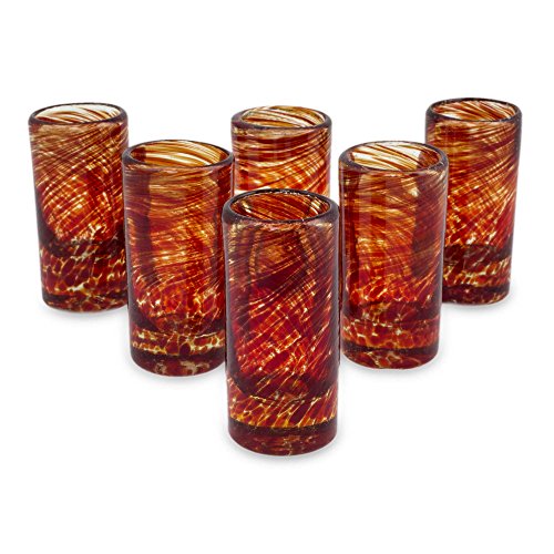 NOVICA Hand Blown Red Swirl Recycled Glass Shot Glasses, 2 Oz 'Ripe Ruby' (Set Of 6)