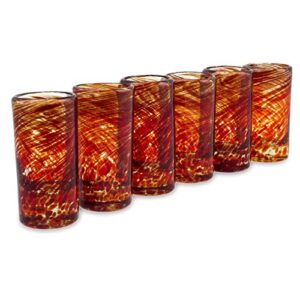 NOVICA Hand Blown Red Swirl Recycled Glass Shot Glasses, 2 Oz 'Ripe Ruby' (Set Of 6)