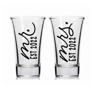 mr. and mrs. est 2022 shot glasses bride and groom shot glasses wedding shot glasses 2oz shot glasses set of two mr. and mrs. engagement present wedding shot glasses | bridal shower gift | jemley