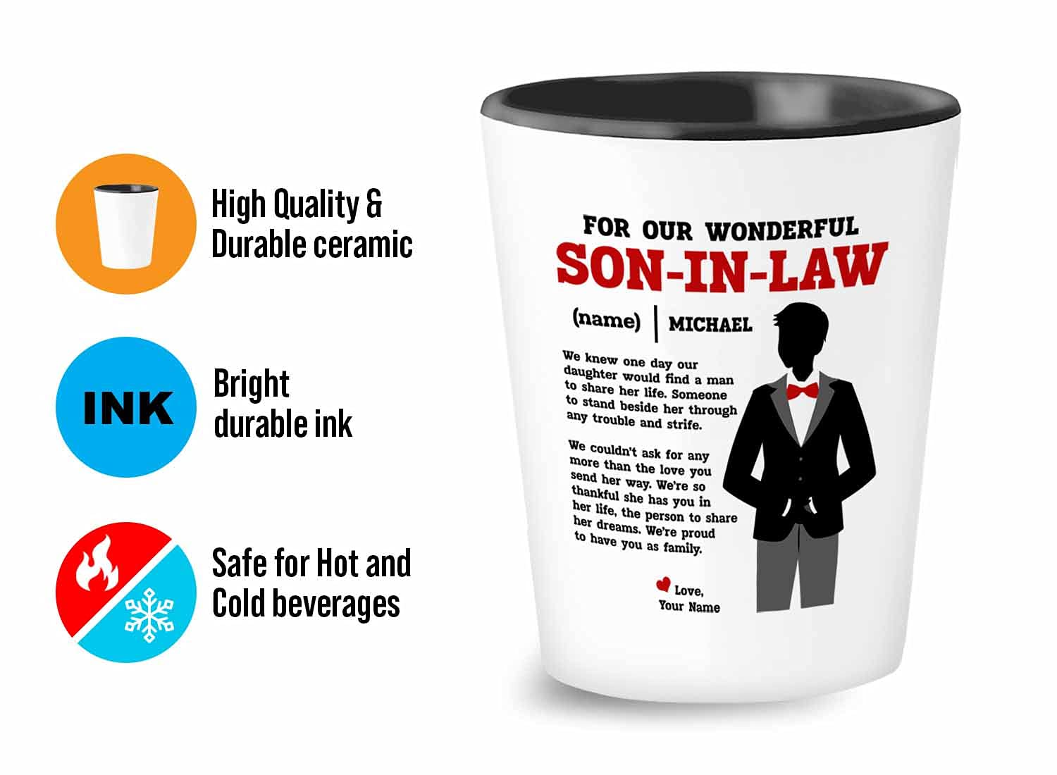 Son in Law Personalized Shot Glass 1.5 oz - For Our Wonderful - Custom Name Sarcasm Birthday Wedding Anniversary Mother in Law Daughter