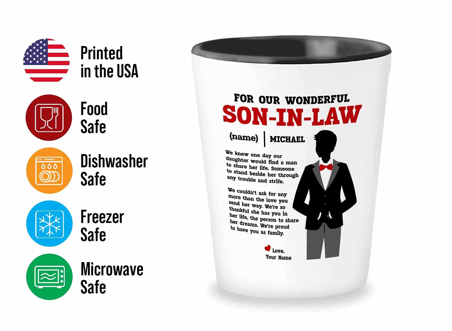 Son in Law Personalized Shot Glass 1.5 oz - For Our Wonderful - Custom Name Sarcasm Birthday Wedding Anniversary Mother in Law Daughter