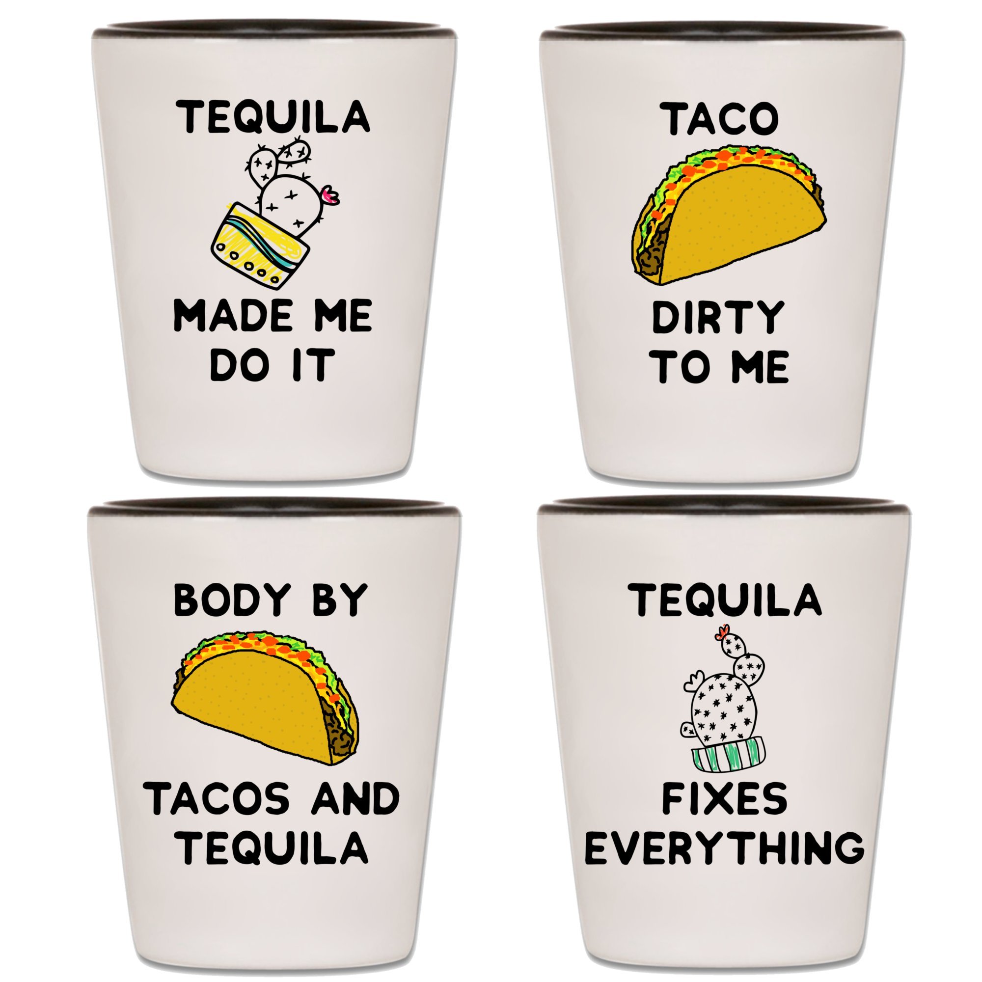 Tequila Shot Glasses - Set Of 4 Taco Tuesday & Cinco de Mayo Party Shooters With Funny Quotes & Sayings - Unique Novelty Mexico Drinking Shotglasses - Fun Gift For Men, Women, Adults & 21st Birthday