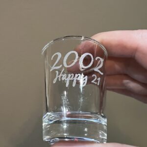 2oz Custom Happy 21 with your year PERSONALIZED Shotglass LASER