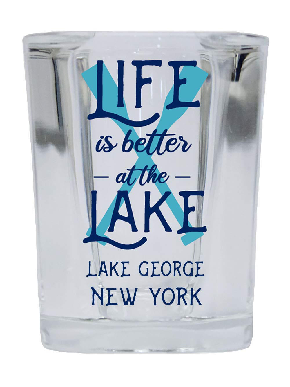 R and R Imports Lake George New York Souvenir 2 Ounce Square Base Liquor Shot Glass Paddle Design