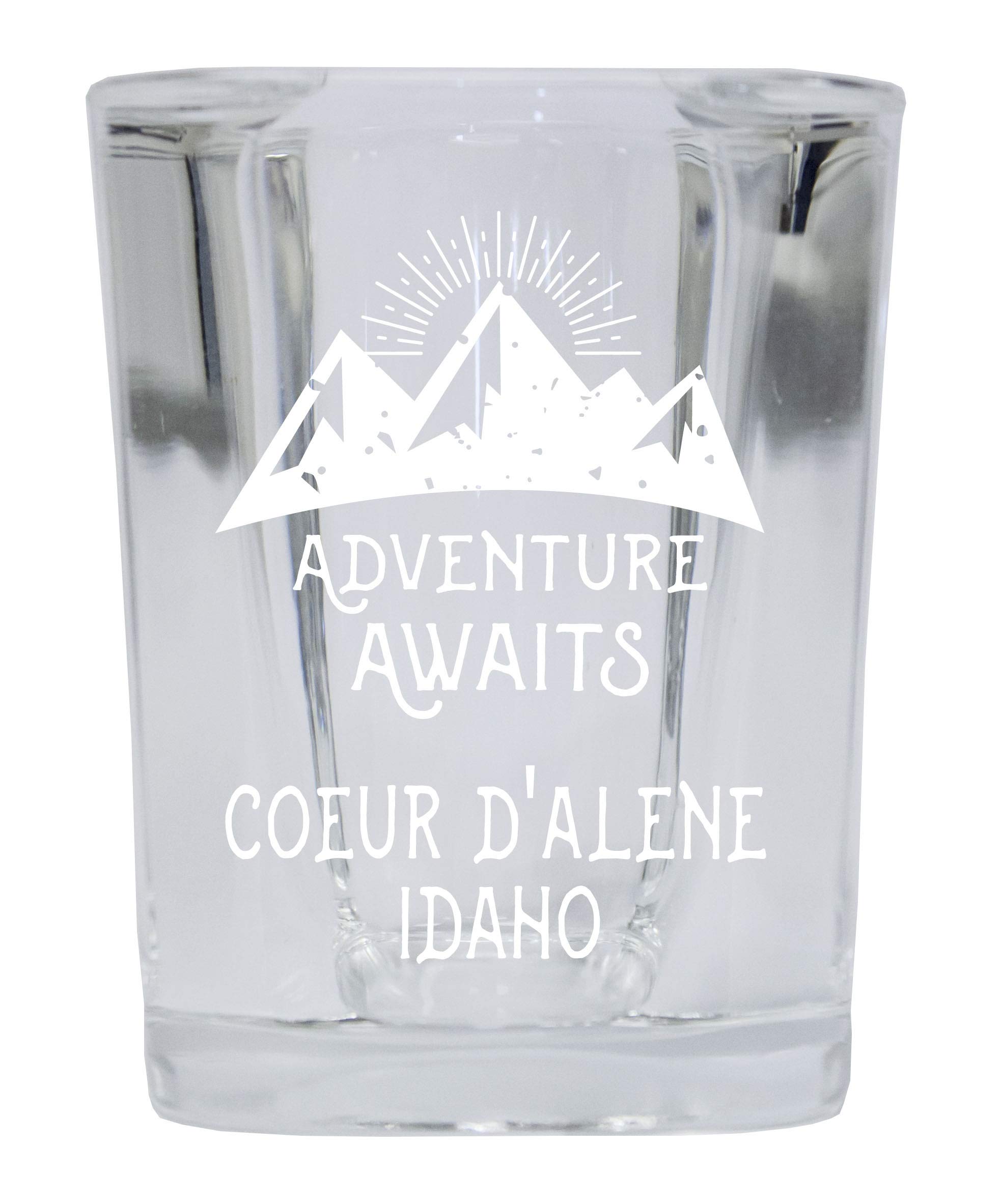 R and R Imports Coeur D'Alene Idaho Souvenir Laser Engraved 2 Ounce Square Base Liquor Shot Glass Adventure Awaits Design