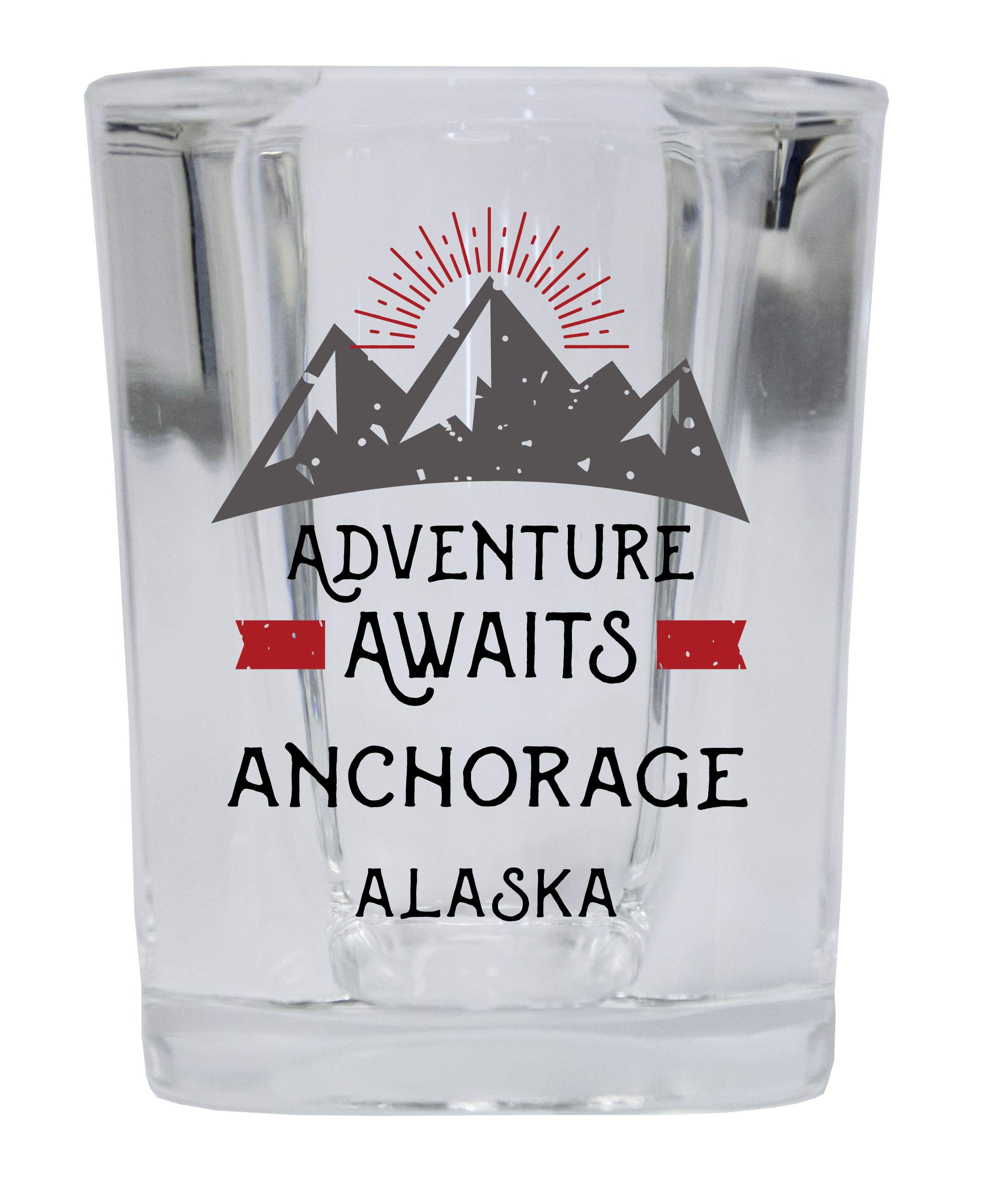 R and R Imports Anchorage Alaska Souvenir 2 Ounce Square Base Liquor Shot Glass Adventure Awaits Design