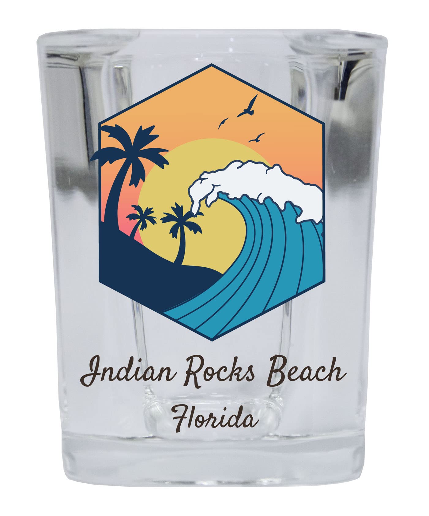 R and R Imports Indian Rocks Beach Florida Souvenir 2 Ounce Square Base Shot Glass Wave Design Single