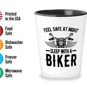 Motorcycle Rider Shot Glass 1.5oz - feel safe at night sleep with a biker - Funny Unique Quotes Idea for Biker Rider Bike Enthusiast Father Dad Old Man