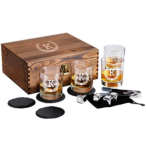 Froolu Personalized Whiskey Glasses Set in Wooden Gift Box - Includes 4 Scotch Glasses, 4 Natural Slate Coasters, 8 Chilling Stones & Tongs - Great Mens Home Bar Gift for Him, Husband, Dad