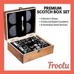 Froolu Personalized Whiskey Glasses Set in Wooden Gift Box - Includes 4 Scotch Glasses, 4 Natural Slate Coasters, 8 Chilling Stones & Tongs - Great Mens Home Bar Gift for Him, Husband, Dad