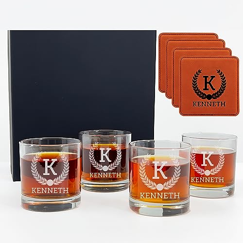 Froolu Personalized Whiskey Glasses Set in Wooden Gift Box - Includes 4 Scotch Glasses, 4 Natural Slate Coasters, 8 Chilling Stones & Tongs - Great Mens Home Bar Gift for Him, Husband, Dad