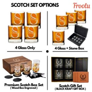 Froolu Personalized Whiskey Glasses Set in Wooden Gift Box - Includes 4 Scotch Glasses, 4 Natural Slate Coasters, 8 Chilling Stones & Tongs - Great Mens Home Bar Gift for Him, Husband, Dad