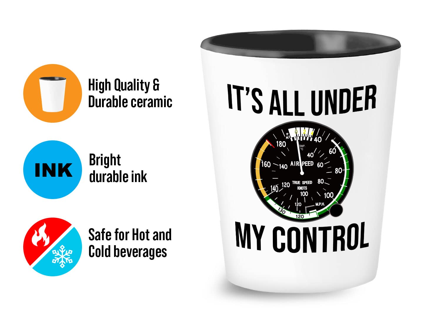 Bubble Hugs Pilot Shot Glass 1.5oz - It's All Under My Control - Airplane Job Flight Deck Staff Worker Sky Fly Captain Private Jet Aviator Career