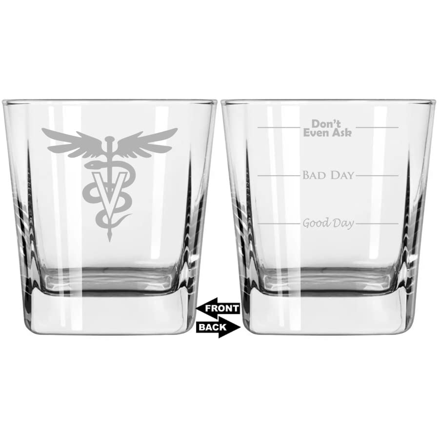 MIP Brand 12 oz Square Base Rocks Whiskey Double Old Fashioned Glass Two Sided Good Day Bad Day Don't Even Ask Vet Veterinarian