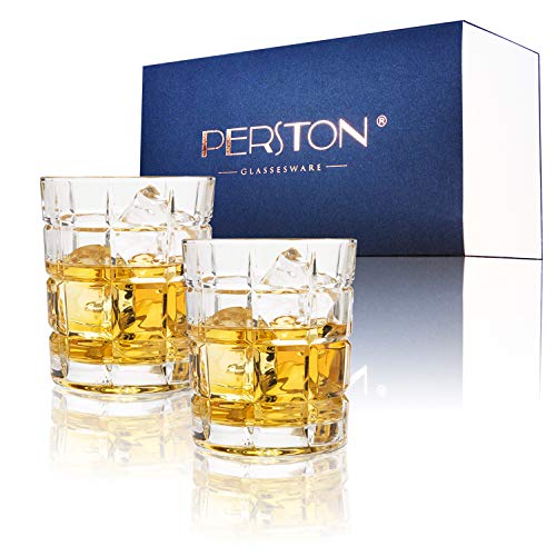 PERSTON -Old Fashioned Whiskey Glass 10 oz -Party Wedding Dedicated - for Mom,Dad,Husband,Wife -Tumbler Drink for Cognac,Bourbon Scotch,Wine,Beer,Cocktail All Beverage(Grid Type 2pc/Set)