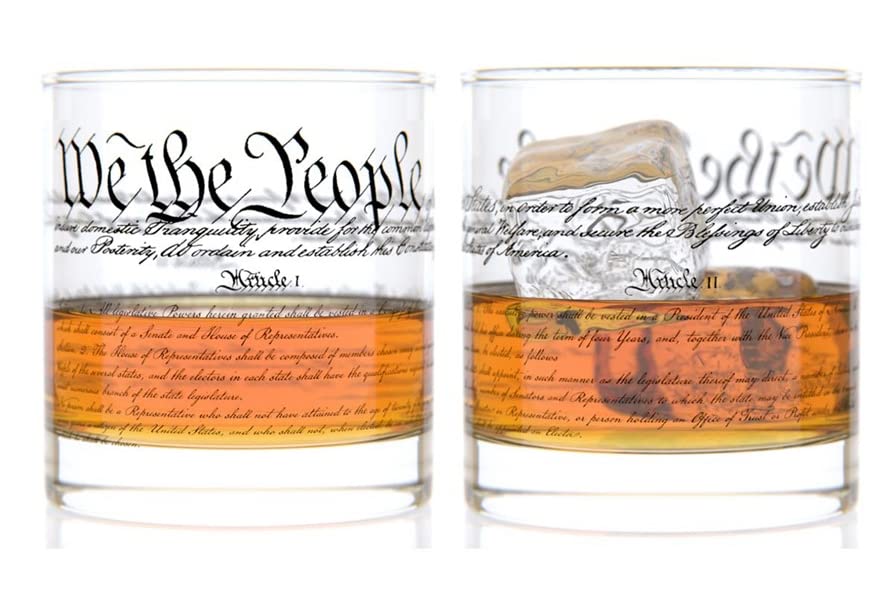 Well Told Authentic U.S. Constitution Whiskey Glass Set (11 oz, Set of 2) We The People Whiskey Glass Set, American Patriotic Old Fashioned Cocktail Glasses