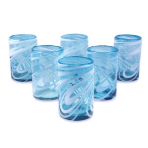 novica blue and white swirl hand blown glass water glasses, 15 oz, 'whirling aquamarine' (set of 6)