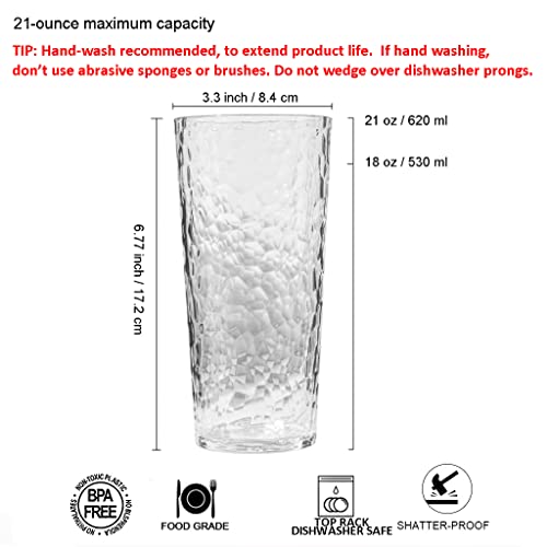 KOXIN-KARLU Mixed Drinkware 21-ounce Plastic Tumbler Acrylic Glasses with Hammered Design, set of 6 Clear