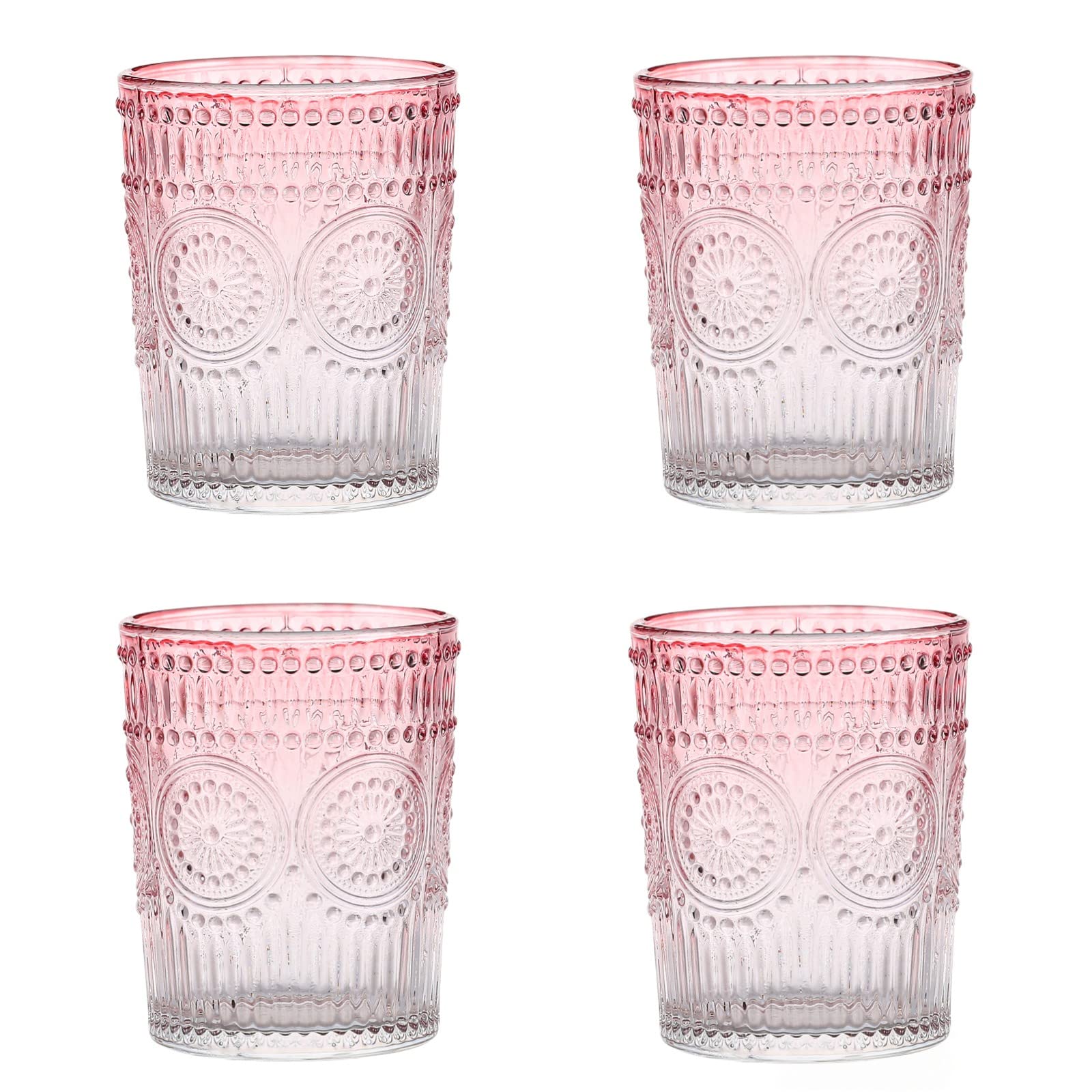 Amzcku Pink Drinking Glasses Set of 4, Vintage Glassware 10 oz- For Cocktails, Mixed Drinks, Whiskey, Beverage, Water, Milk and Juice