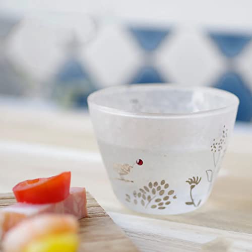 Tomi Label, Japanese Sake Cups, Ochoko, Beautiful Frosted Glass, Gold or Silver Print, Made in Japan, Tomi Glass F-011 (Bird)