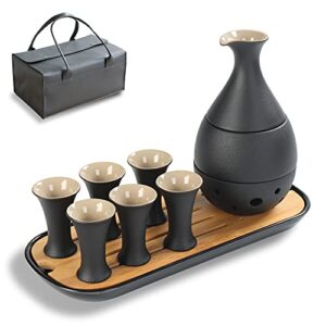 teanagoo traditional japanese sake set, sake carafe(6 oz) with 6 sake cups (0.9 oz) for hot or cold japanese soju liquor with serving bambo tray gift sets 10pcs/set. saki sets traditional carafe set…