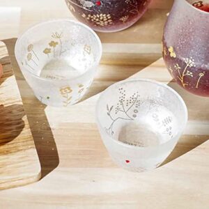 Tomi Label, Japanese Sake Cups, Ochoko, Beautiful Frosted Glass, Gold or Silver Print, Made in Japan, Tomi Glass F-011 (Papillon)