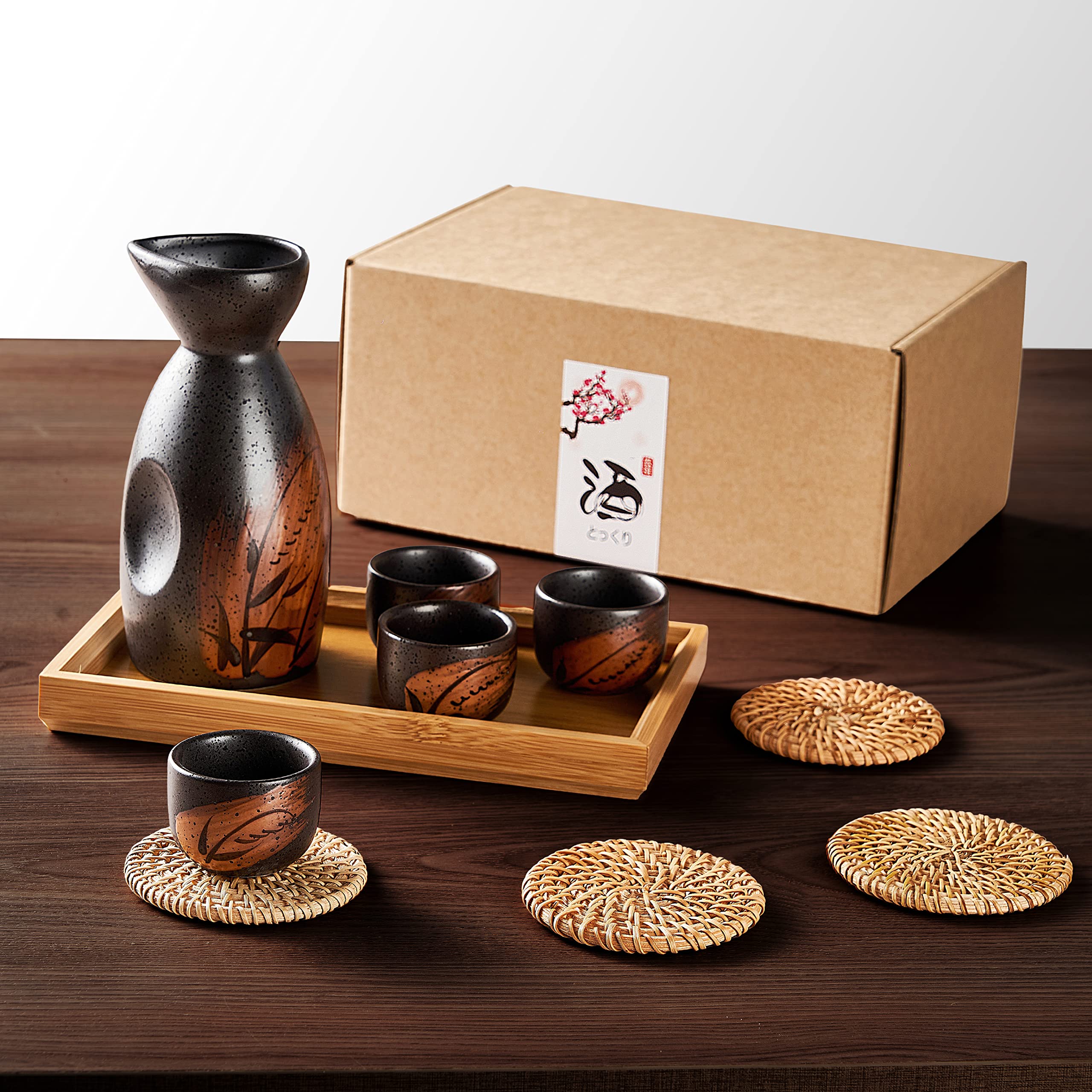 RECEESOON 10 Piece Traditional Japanese Sake Set with Tray, Korean Soju Glass, Black Sake Cups, Saki Cup Set, Japanese Gifts Set