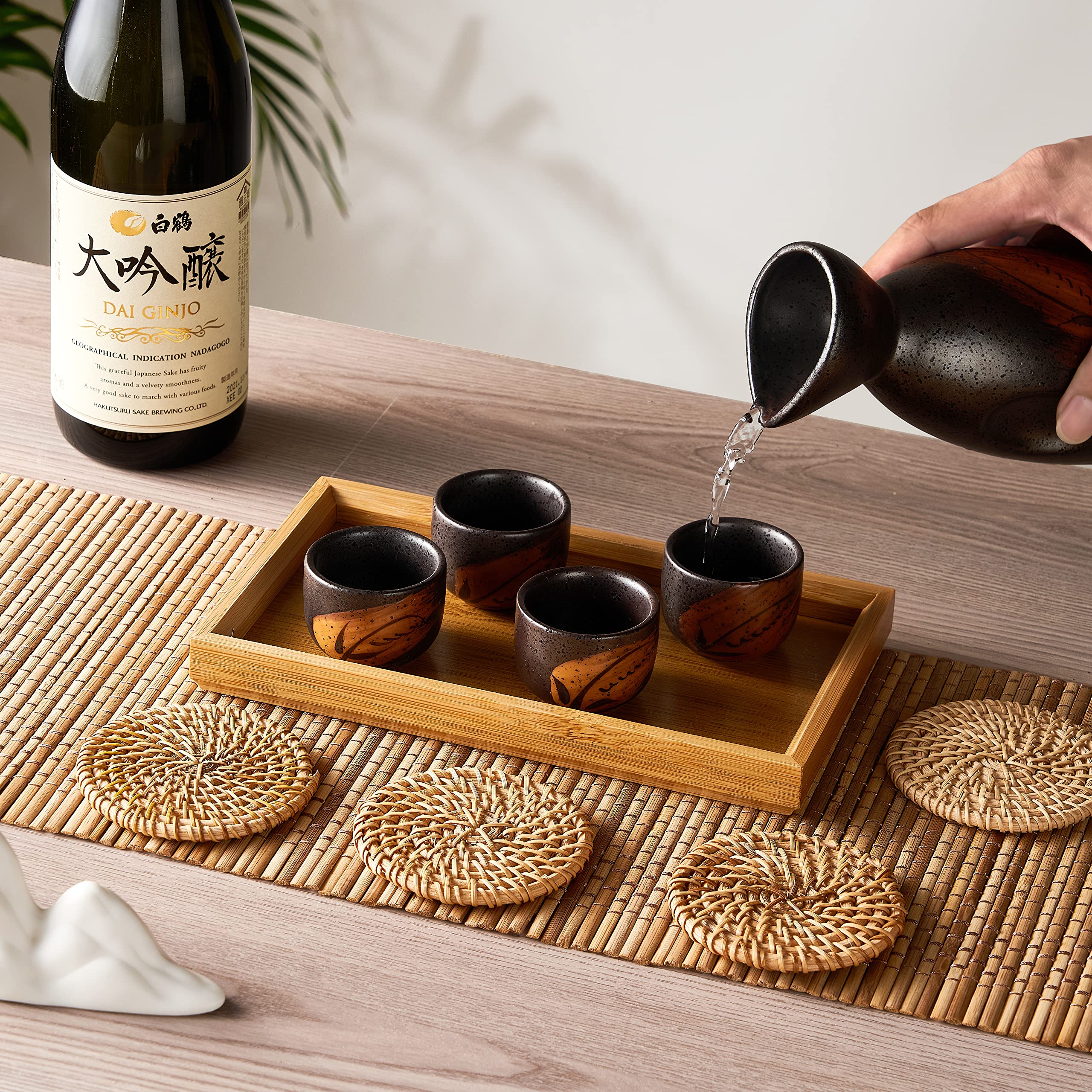 RECEESOON 10 Piece Traditional Japanese Sake Set with Tray, Korean Soju Glass, Black Sake Cups, Saki Cup Set, Japanese Gifts Set