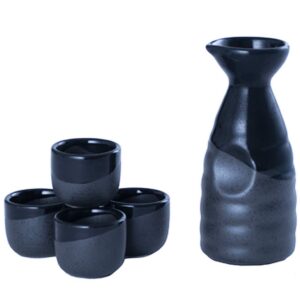 Happy Sales HSSS-BKONBK, Perfect 5 pc Japanese Design Ceramic Sake set, Black on Black