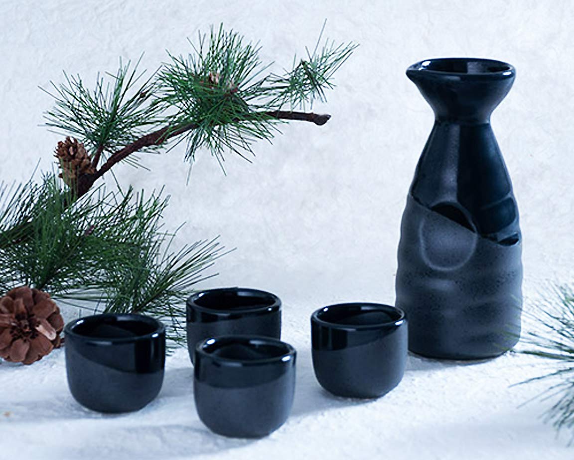 Happy Sales HSSS-BKONBK, Perfect 5 pc Japanese Design Ceramic Sake set, Black on Black