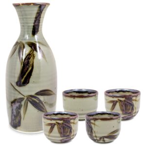 product of gifu japan mino ware traditional japanese sake set, tokkuri bottle and 4 ochoko cups, green mashikodake