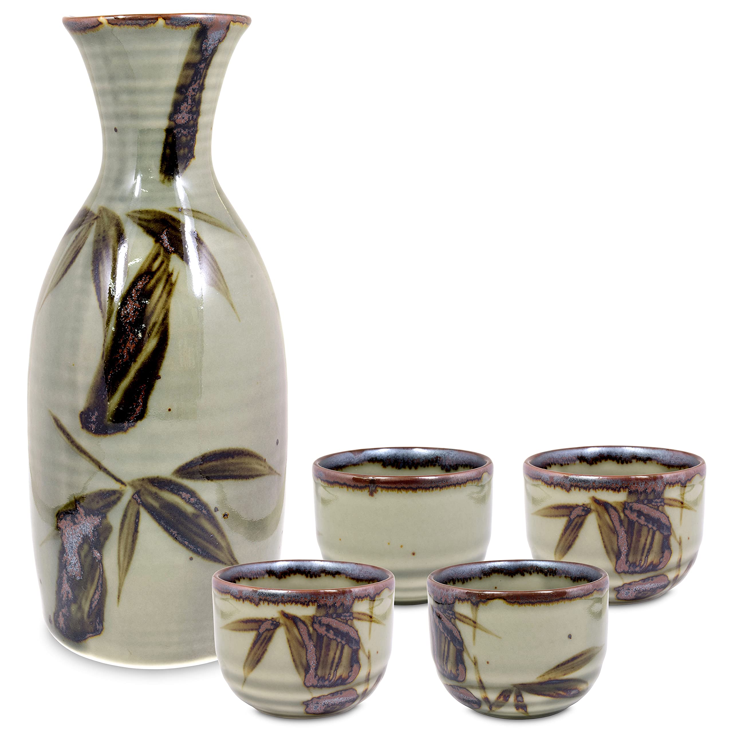 Product of Gifu Japan Mino Ware Traditional Japanese Sake Set, Tokkuri Bottle and 4 Ochoko Cups, Green Mashikodake