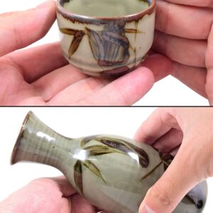 Product of Gifu Japan Mino Ware Traditional Japanese Sake Set, Tokkuri Bottle and 4 Ochoko Cups, Green Mashikodake